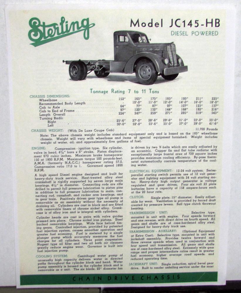 1938 1939 Sterling Trucks JC145 HB Diesel Brochure Specifications Sheet ...