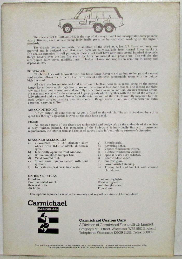 1979 Land Rover Range Rover Highlander Custom Car by Carmichael Sales Sheet