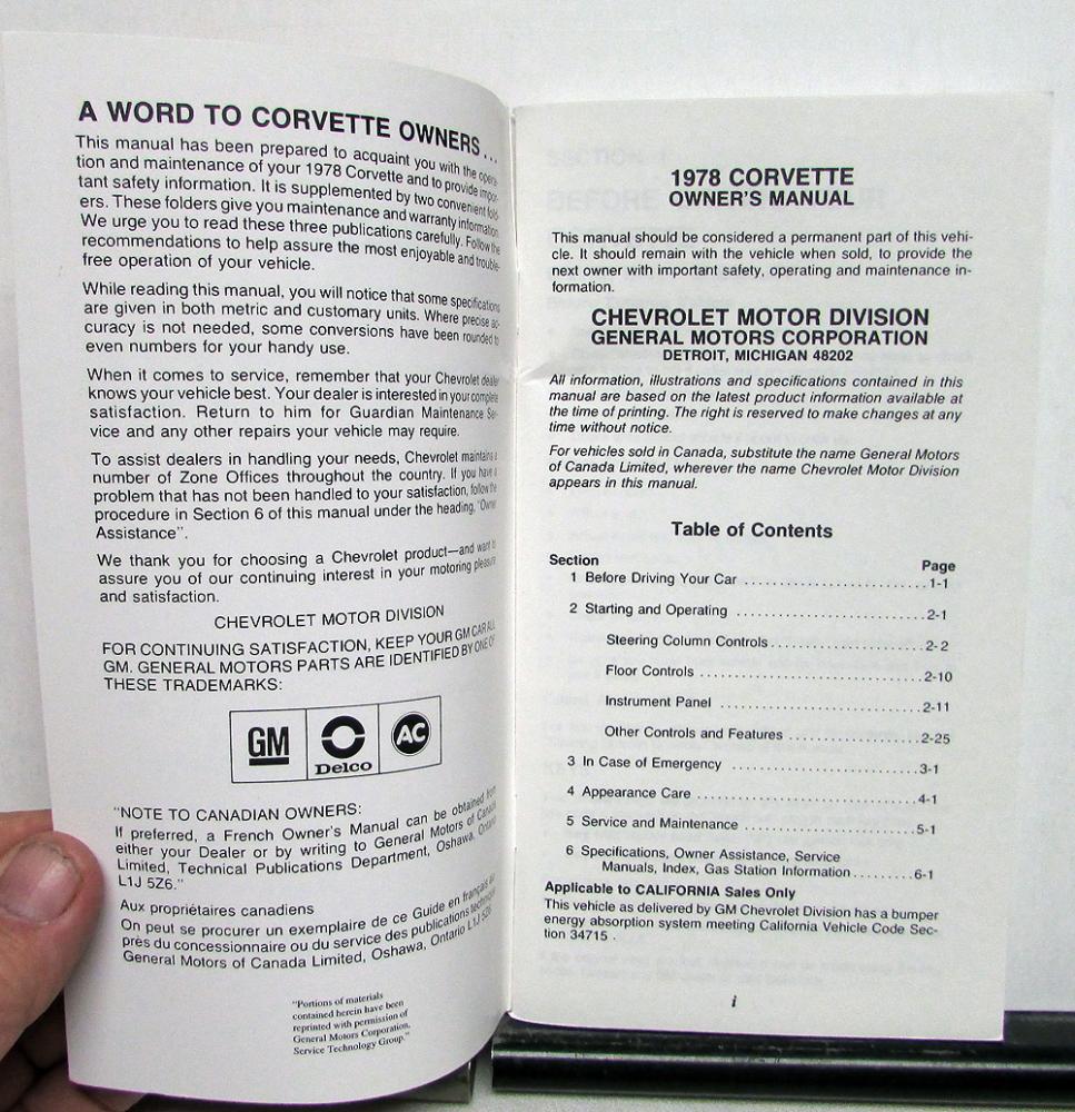 1978 Chevrolet Corvette Owners Manual Care & Operation Instructions ...