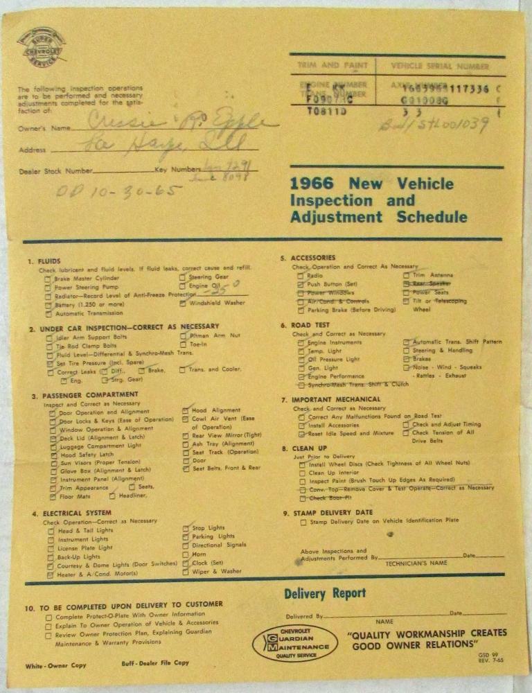 1966 Fred Gibb Chevrolet New Car Lifetime Guarantee Owners Certificate