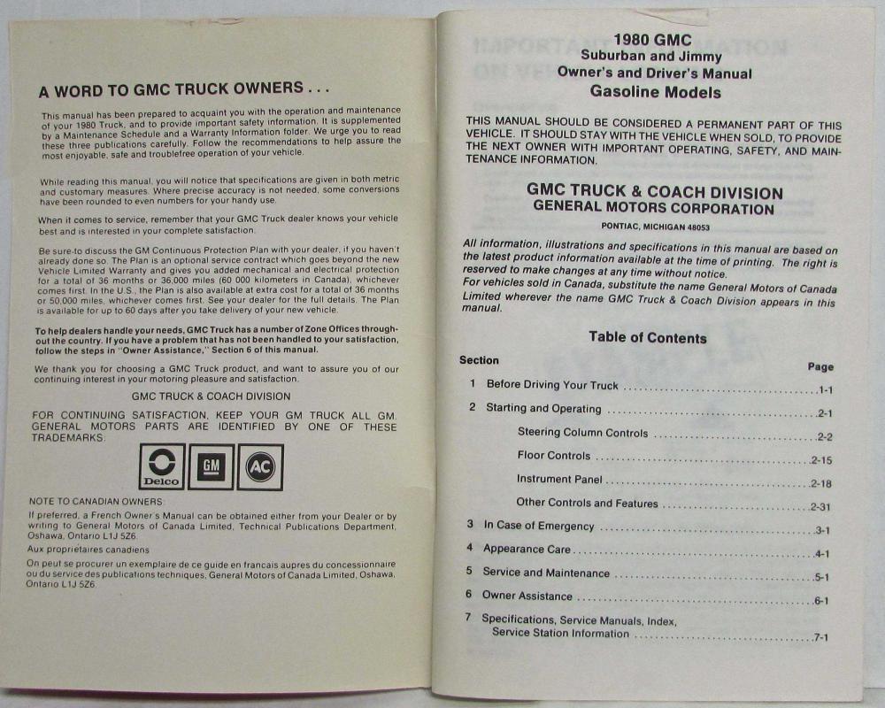 1980 GMC Truck Suburban and Jimmy Owners and Drivers Manual