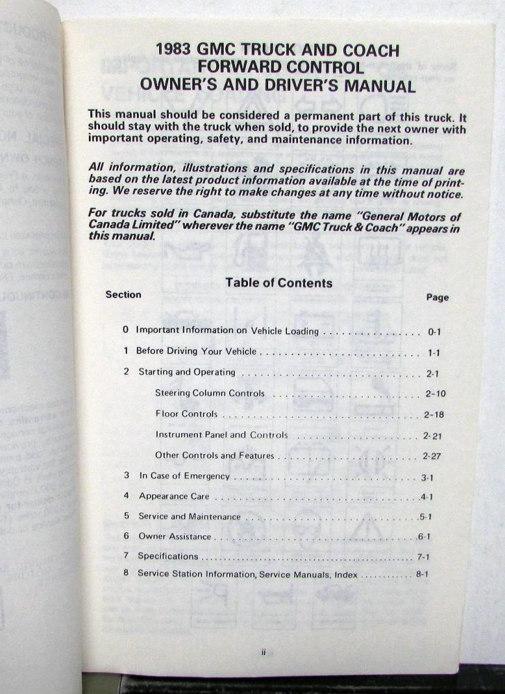 1983 GMC Truck Forward Control Chassis Models Owners and Drivers Manual