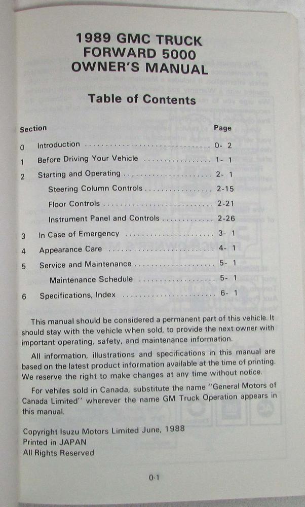 1989 GMC Truck Forward 5000 Owners Manual