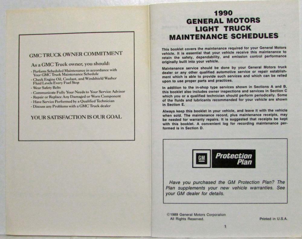 1990 GMC Light Duty Truck Maintenance Schedule Booklet