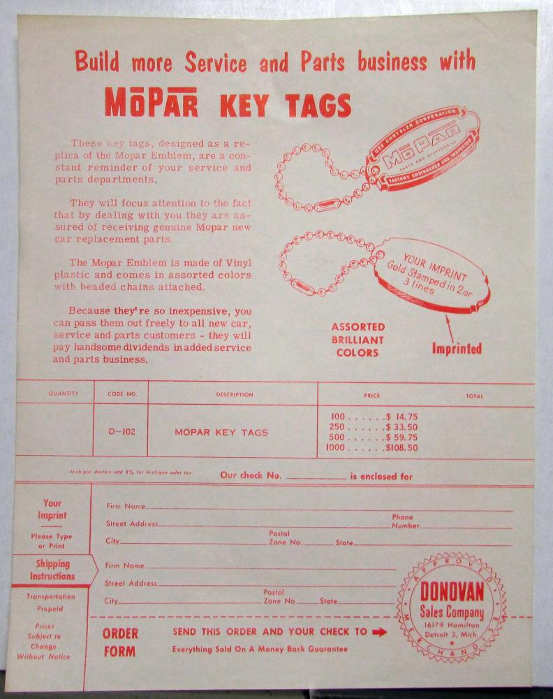 1955 Chrysler Mopar Key Tags Blank Order Form Sheet