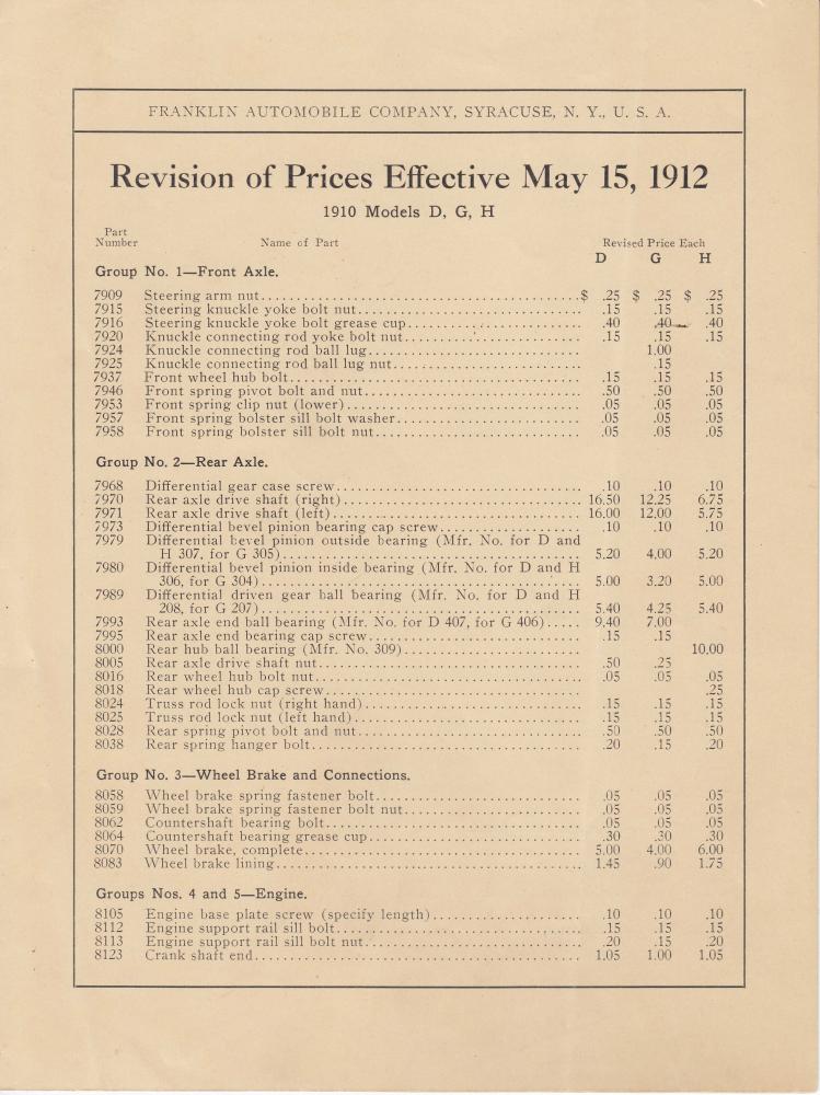 1910 Franklin Models D G H Price List - 5-15-1912