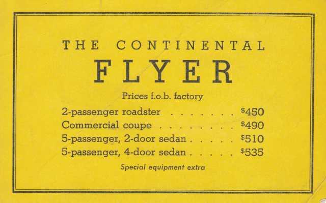 1933 1934 Continental Flyer FOB Price Card Roadster Coupe Sedan ORIGINAL