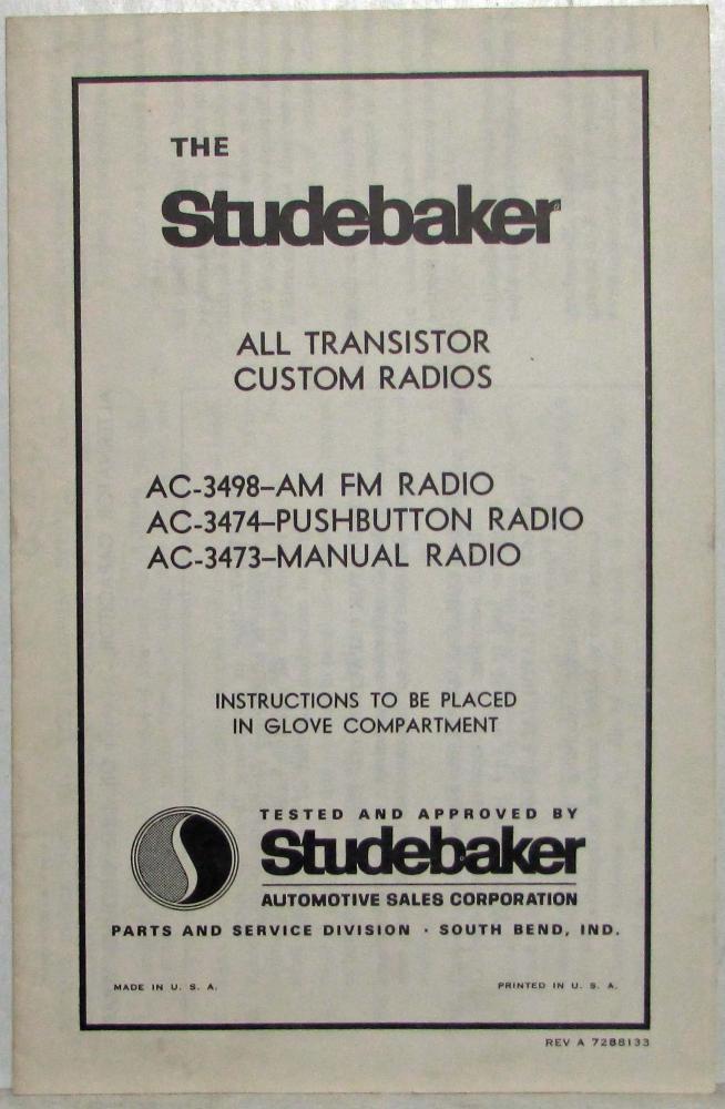 1960-1965 Studebaker All Transistor Radios Owners Manual AC 3498 3474 3473