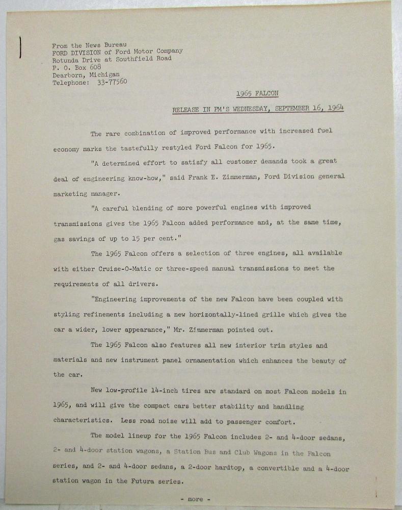 1965 Ford Falcon Press Kit in Folder