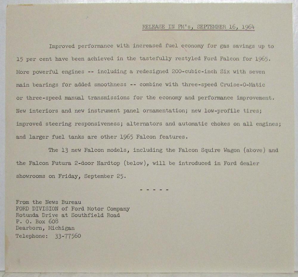 1965 Ford Falcon Press Kit in Folder