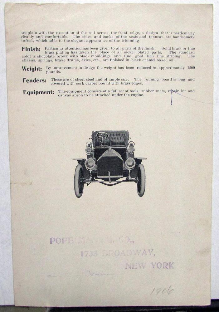 1906 Pope Tribune Model V Dealer Sales Brochure Folder Features Specs ...