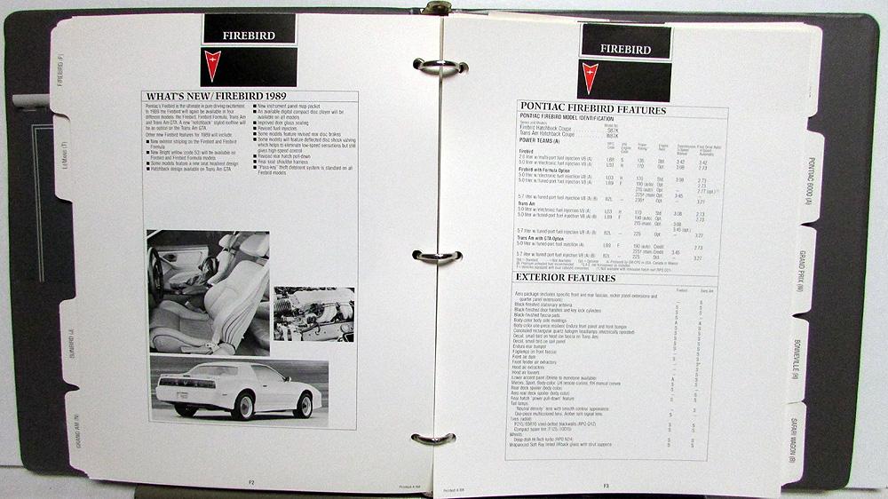 1989 Pontiac Product Guide Data Book Fleet Edition Firebird Grand Prix ...