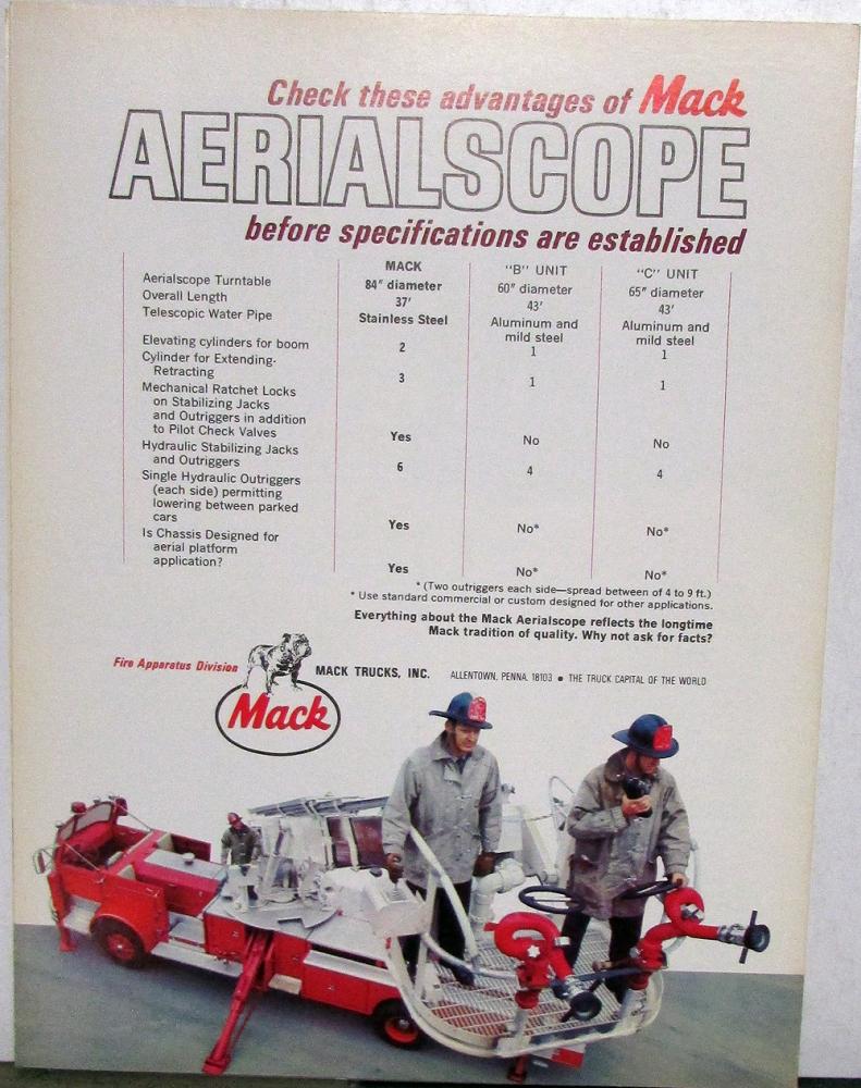 1968 Mack Truck Big Reach Fire Truck CF Model Aerialscope Sales Brochure