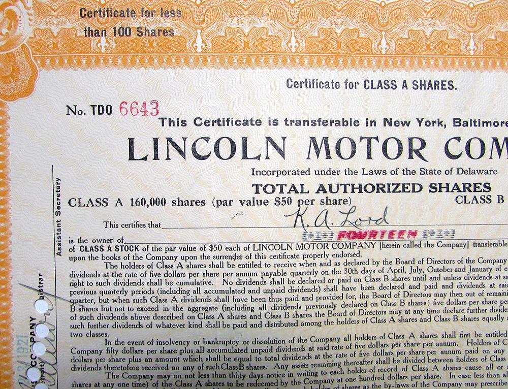 1921 Lincoln Motor Co Stock Certificate TDO 6643 Notarized Original ...