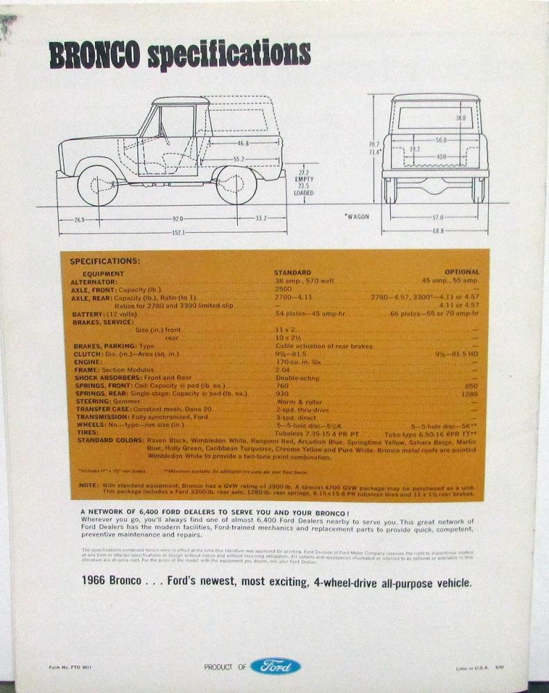 1966 Ford Bronco Dealer Sales Brochure Original