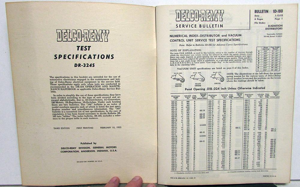 1953 Delco-Remy Test Specifications Service Manual DR-324S Ignition ...