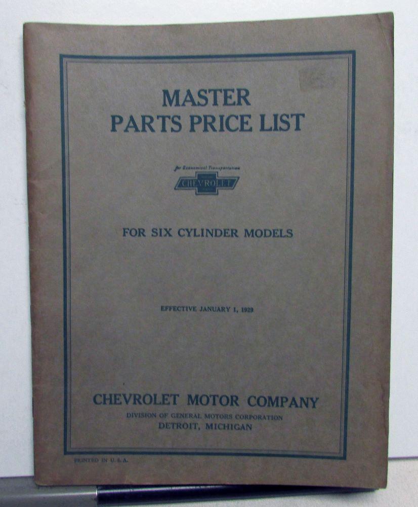 1929 Chevrolet Dealer Six Cylinder Models Master Parts Price List Book ...