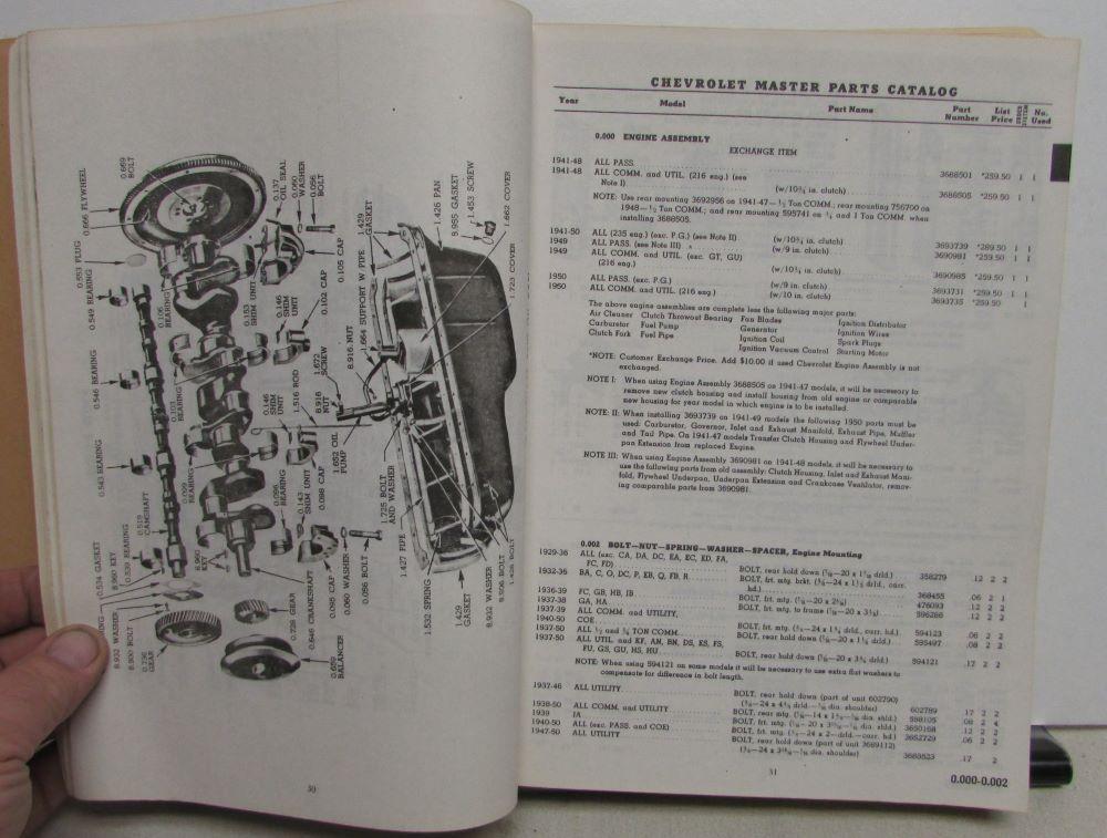 1929-1950 Chevrolet Dealer Master Parts Catalog Book Six-Cylinder ...