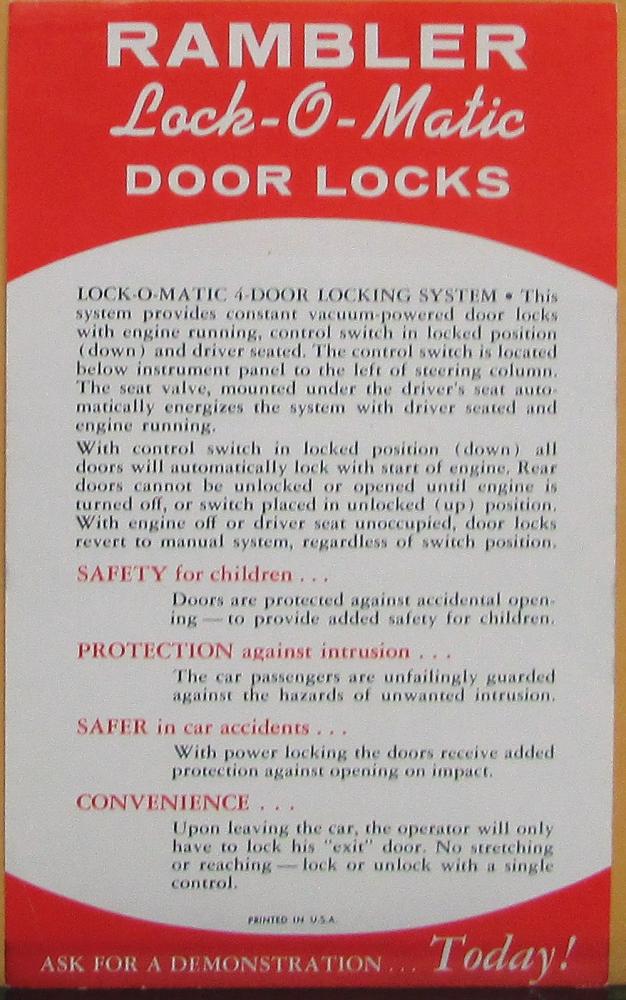 1960 AMC Rambler Lock O Matic Door Locks Sales Brochure Sheet Original