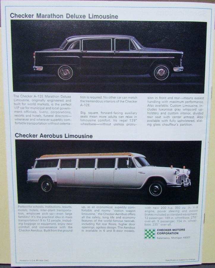 1969 Checker Marathon Sedan Wagon Deluxe Aerobus Limo Color Sales Brochure