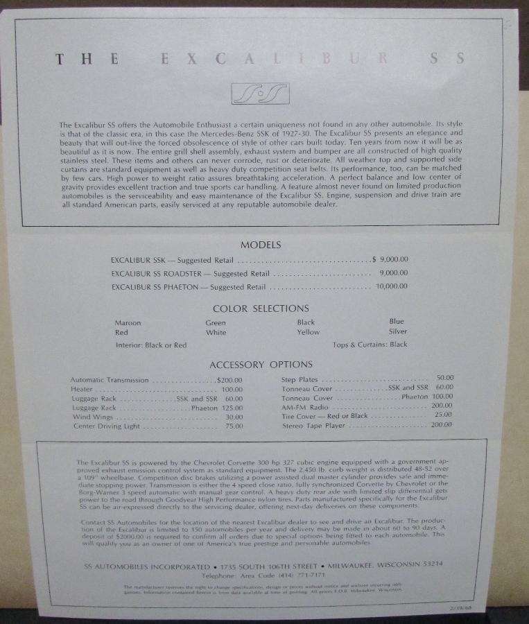1968 Excalibur SSK & SS Roadster Pheaton Sales Brochure With Prices ...