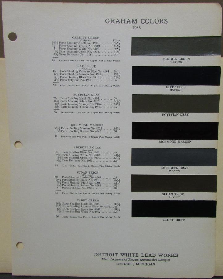 1935 Graham Color Paint Chips ORIGINAL With Mixing Sheets ORIGINAL