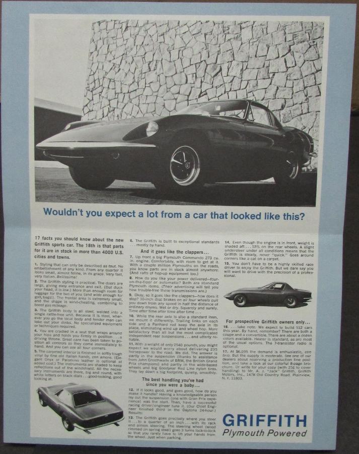 1966 ? Griffith Sports Car Plymouth Powered Original Brochure Folder